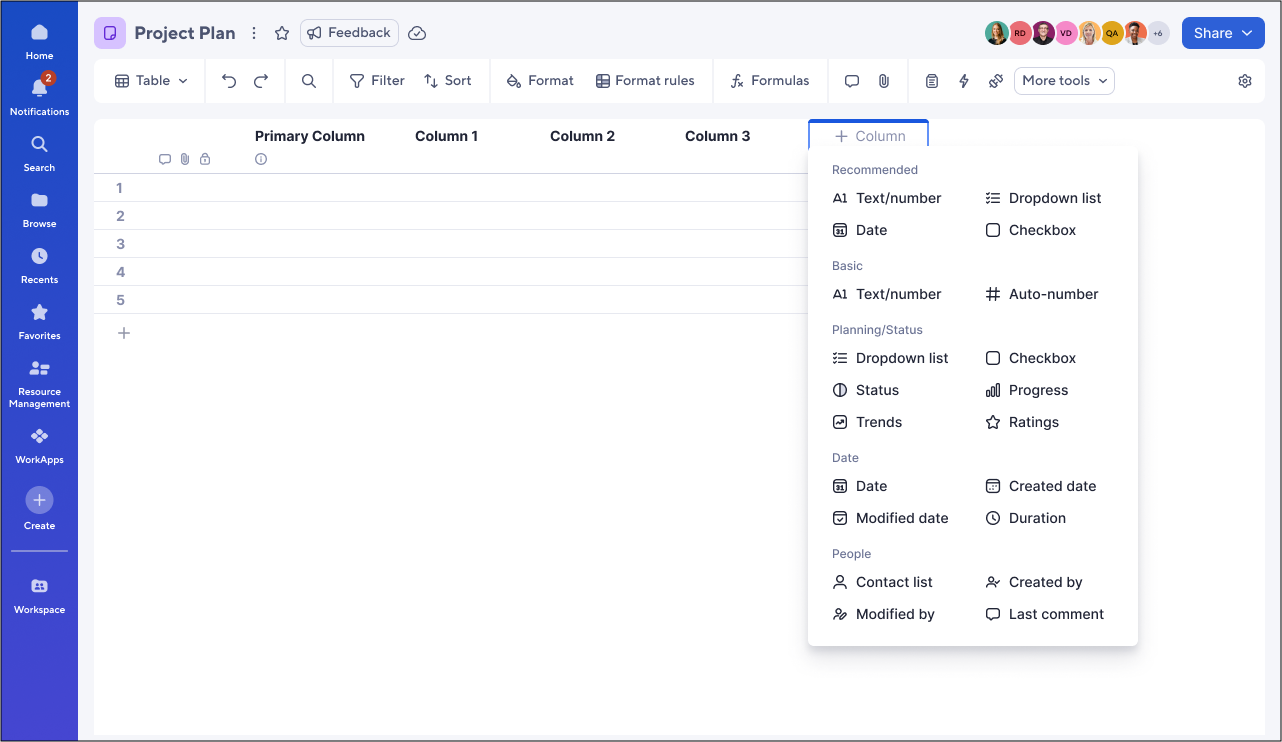 Improved column creation experience in table view | Smartsheet