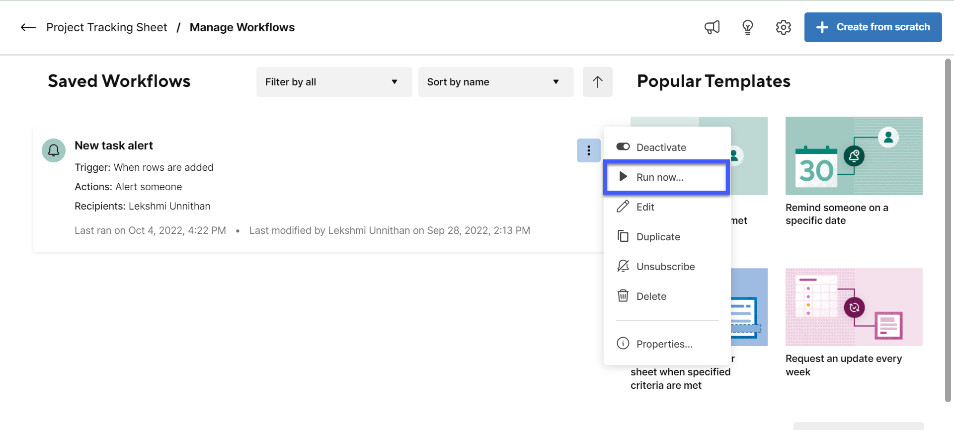 Run Workflow Now | Smartsheet