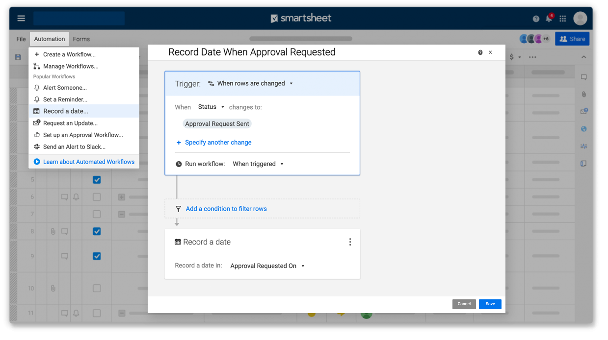 Smartsheet Gov: Record a date automated action | Smartsheet