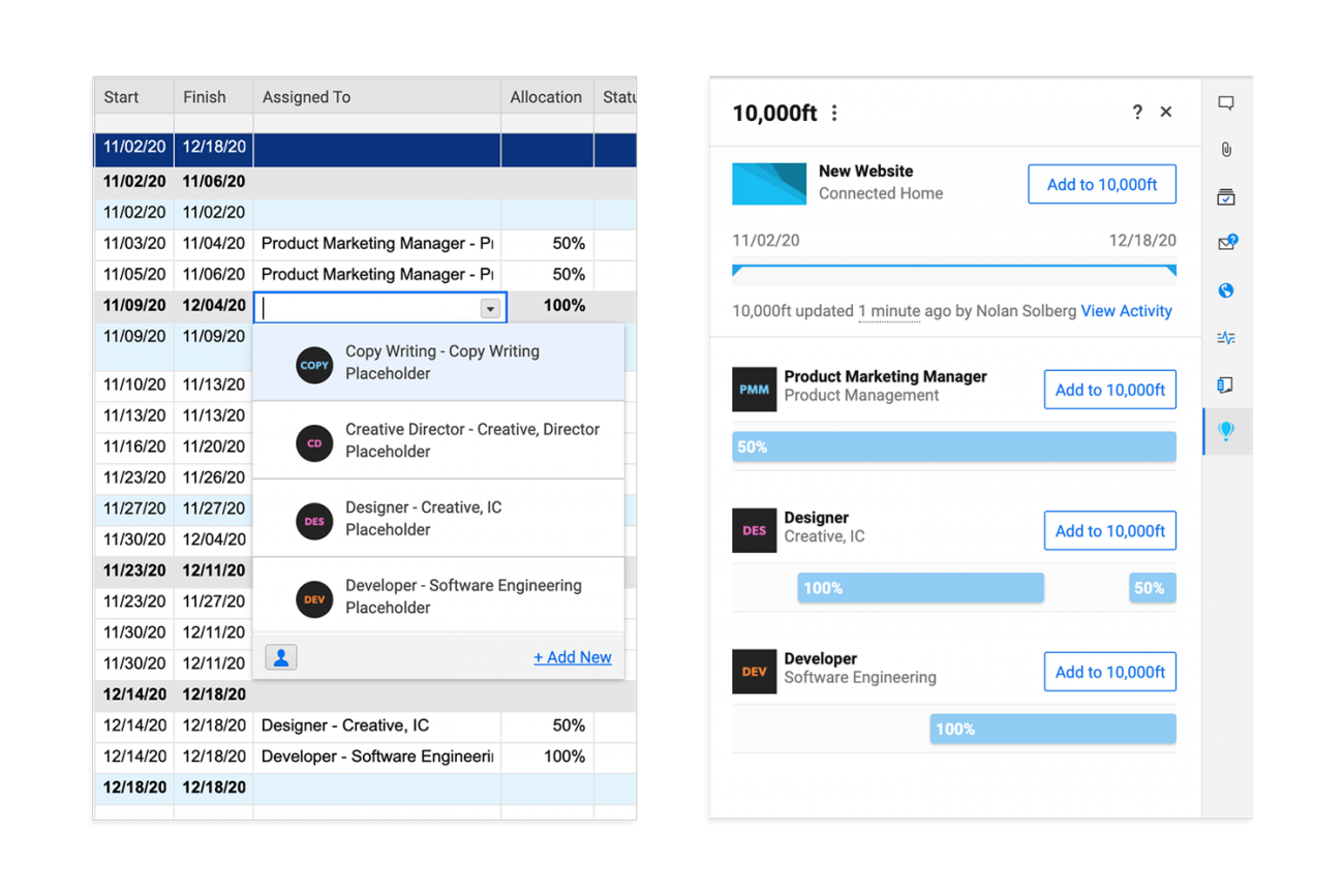 Assign placeholders via the 10,000ft panel for Smartsheet | Smartsheet