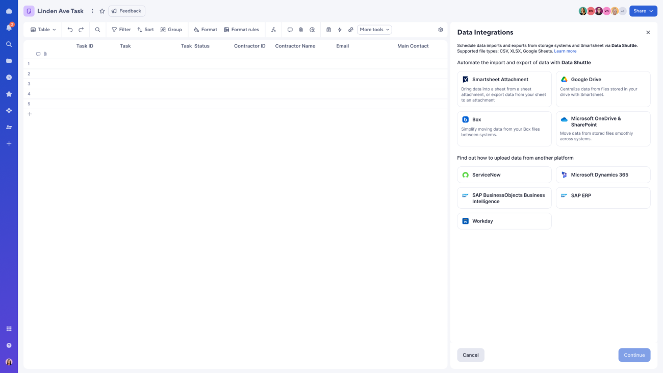 New Data Integrations Panel in table view | Smartsheet