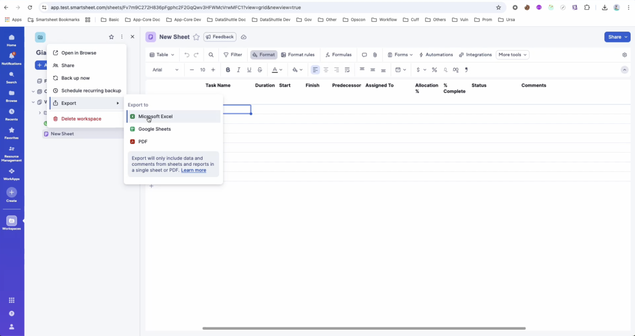 Export in Workspace Panel | Smartsheet