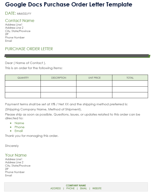 Free Google Docs Purchase Order Templates, Letters & Forms