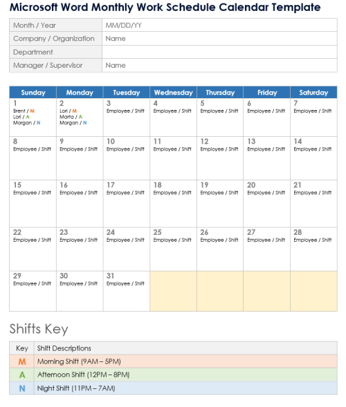 Free MS Word Work Schedule Templates: Daily, Monthly, Weekly