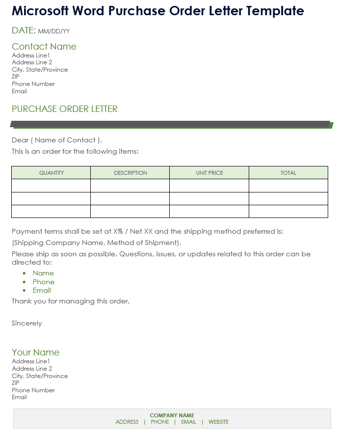 Free MS Word Purchase Order Templates, Forms & Letters