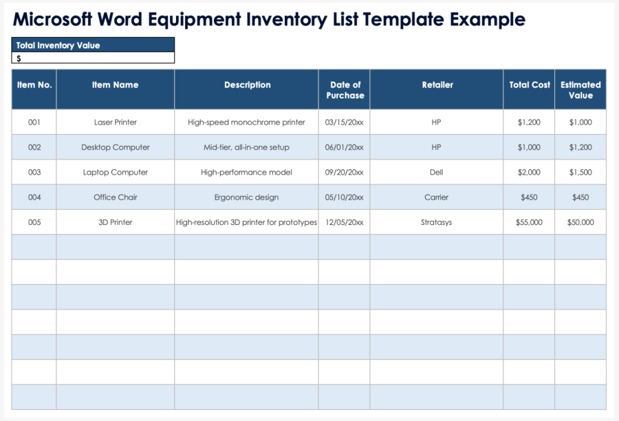Free Microsoft Word Inventory Templates