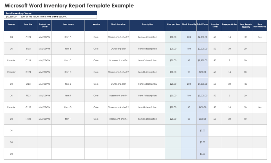 Free Microsoft Word Inventory Templates