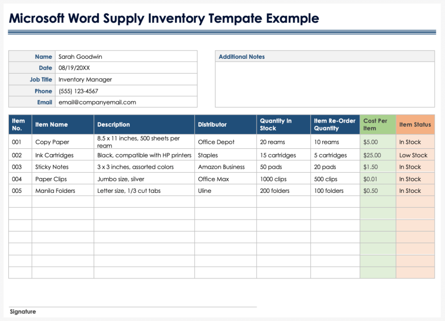 Free Microsoft Word Inventory Templates
