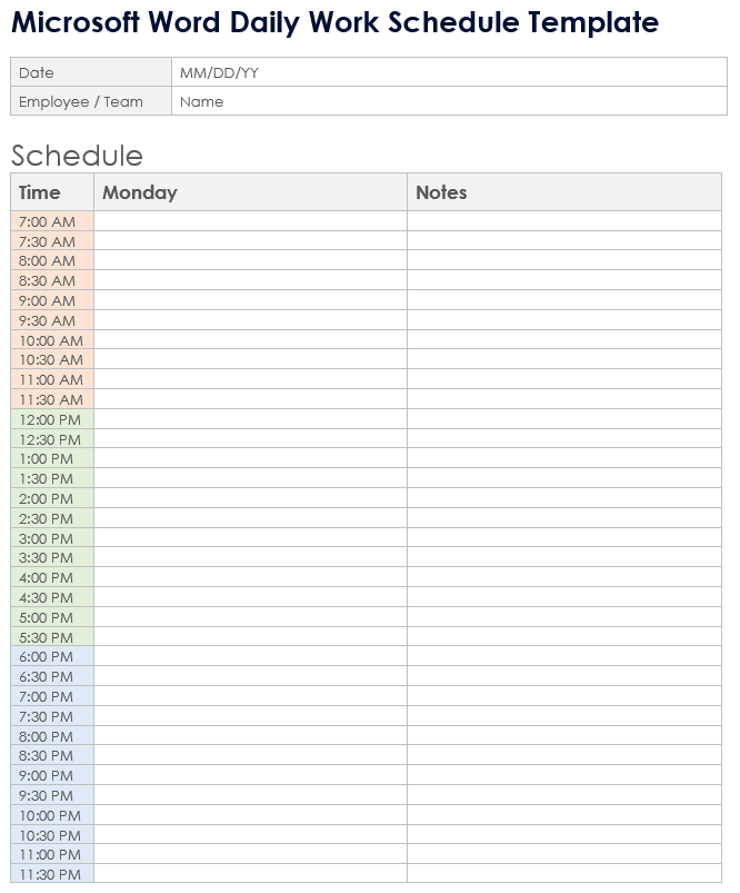 Free MS Word Work Schedule Templates: Daily, Monthly, Weekly